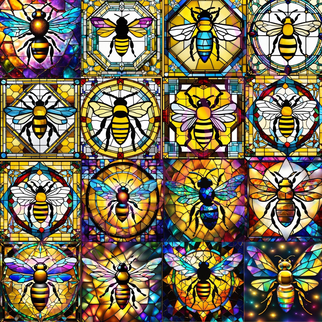 25 Stained Glass Bee Bundle PNG High Resolution Big Stained Wall Art ...