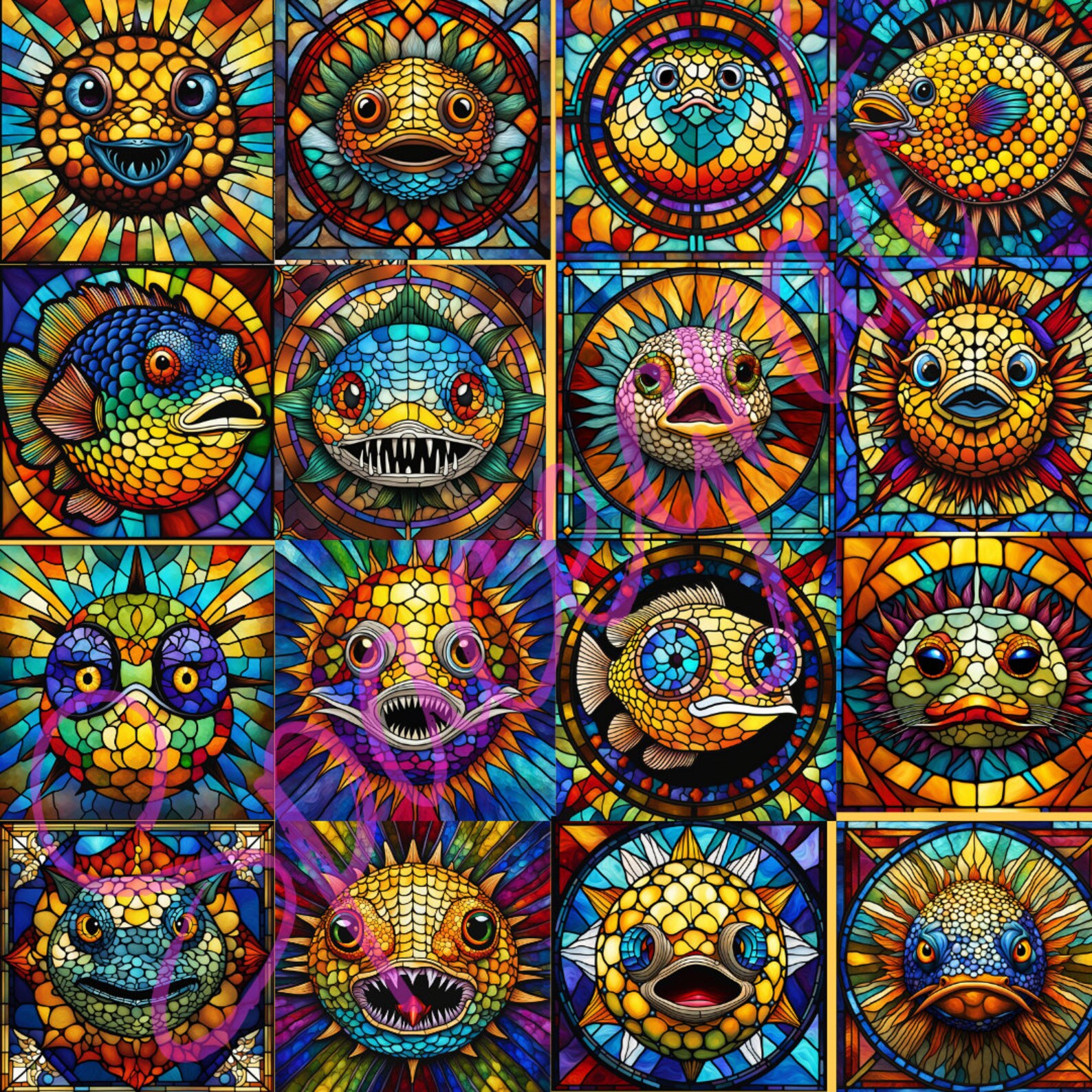 50 Stained Glass Puffer Bundle PNG - High Resolution Big Stained Wall ...