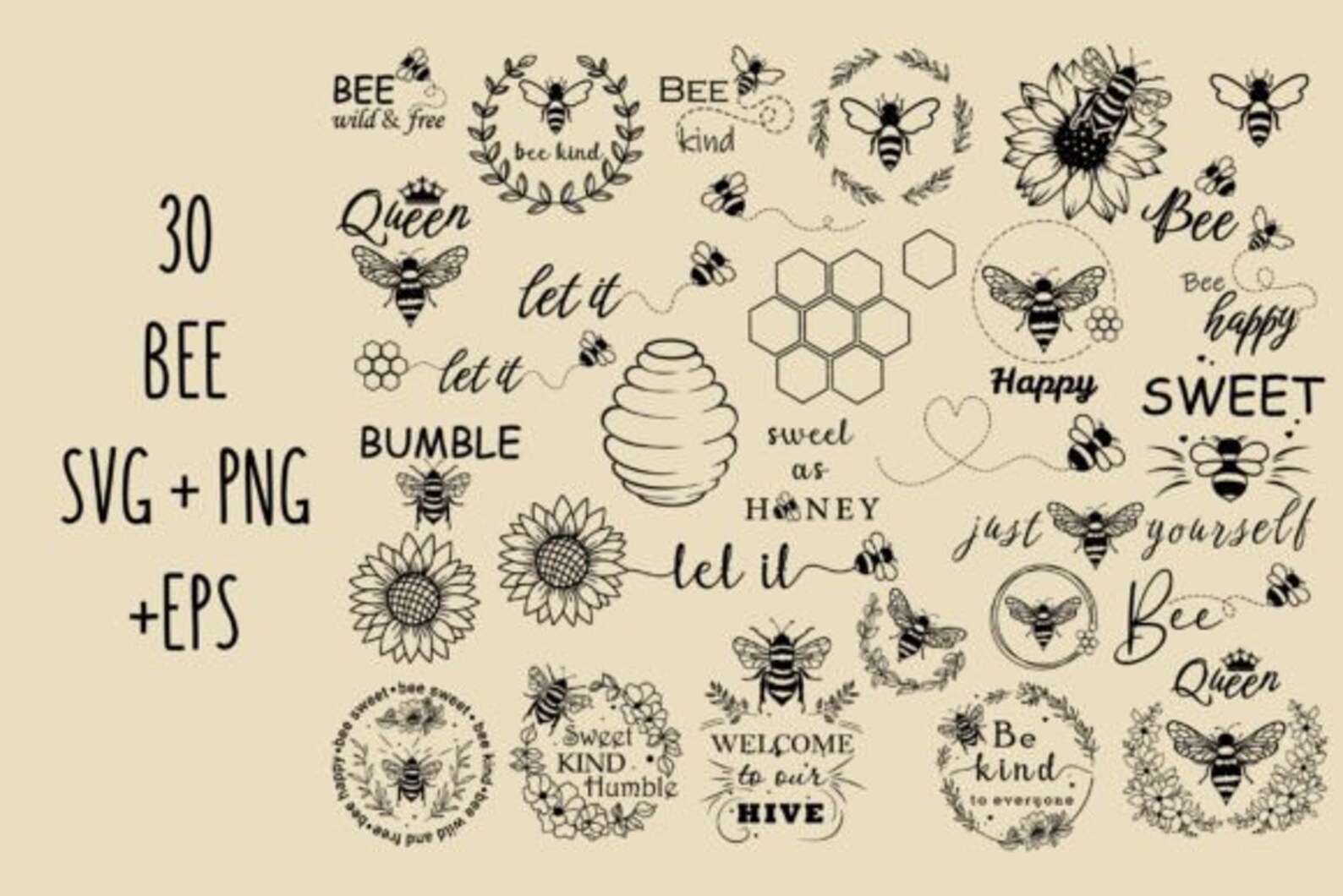 Bee SVG Bundle Outline Clipart, Bee Svg Bundle, Queen Bee Svg, Bee Hive ...