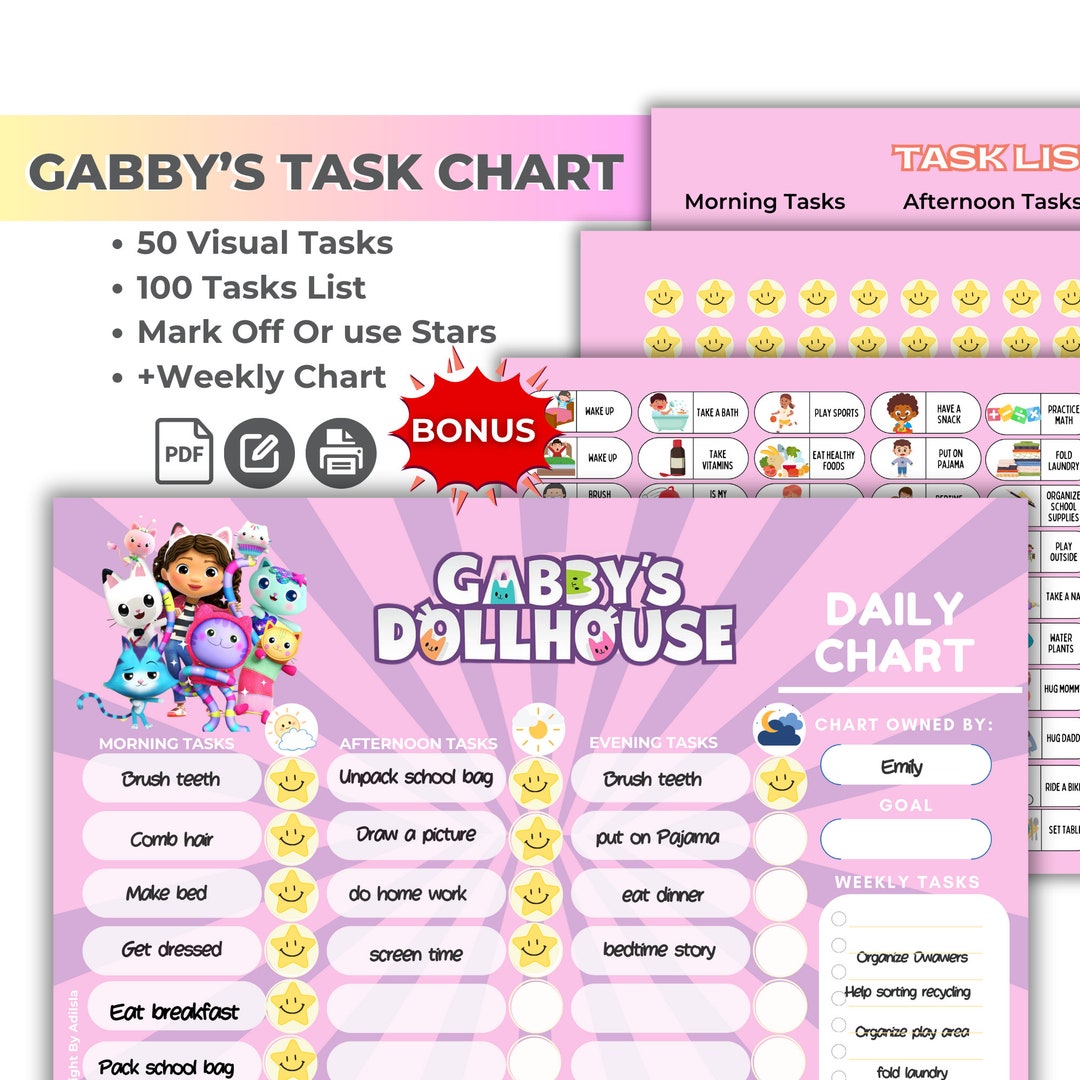 Gabby's Dollhouse Chore Chart Daily Weekly Planners With 50 Tasks ...