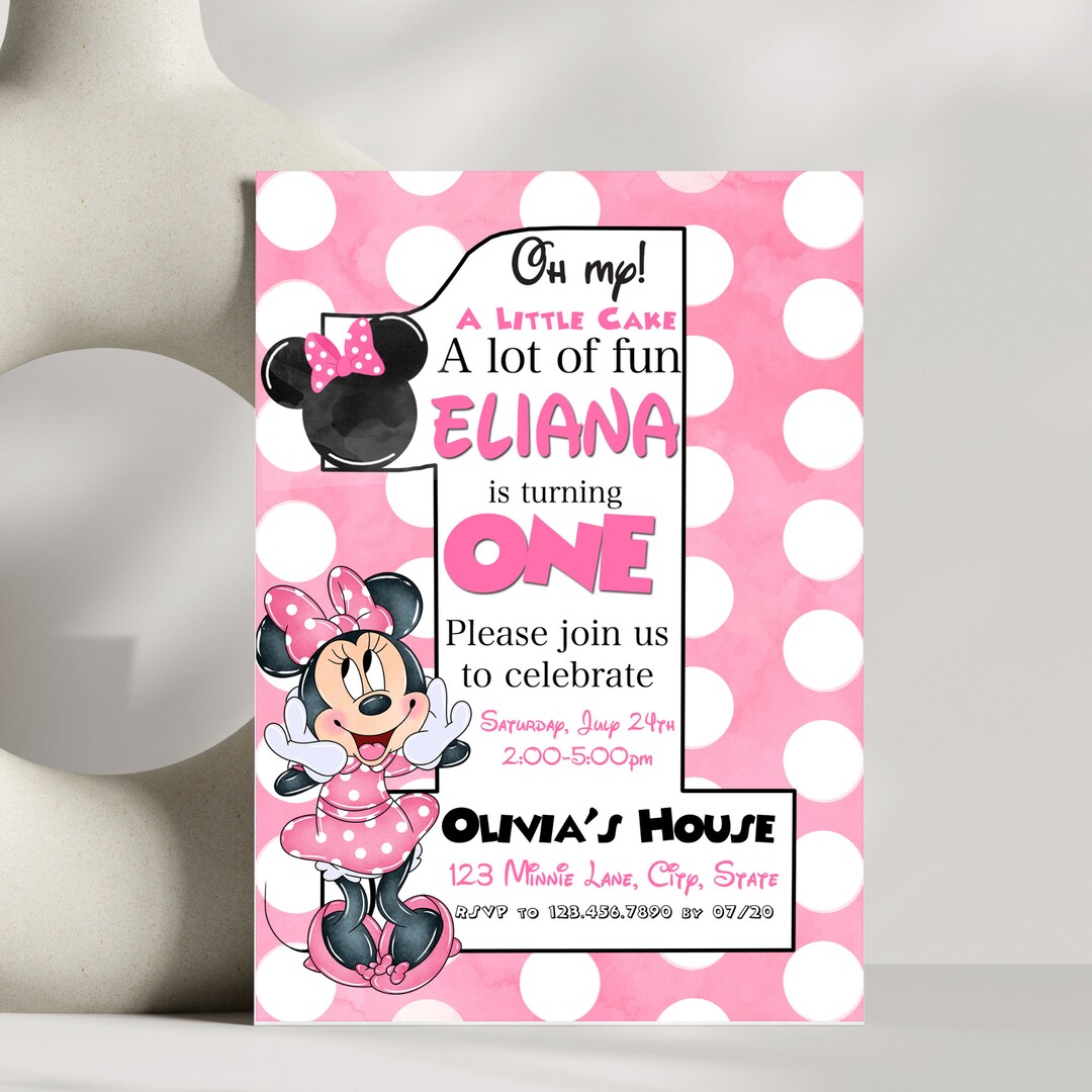 Minnie Mouse First Birthday Invitation - Personalized - Pink and White ...