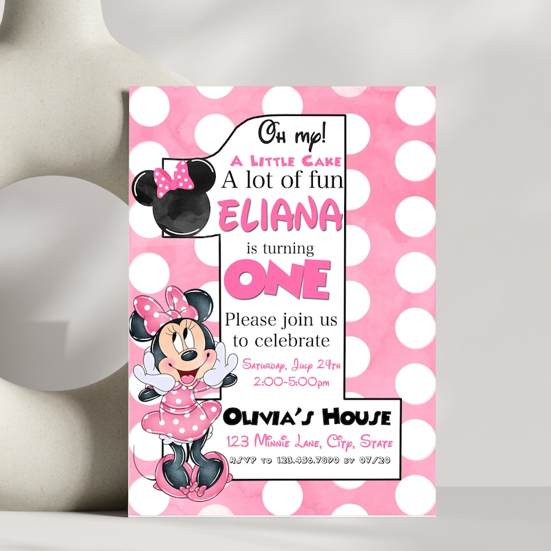 Minnie Mouse First Birthday Invitation - Personalized - Pink and White ...