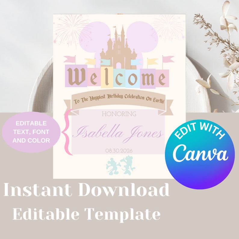 Happiest Birthday on Earth Welcome Sign - Editable Vintage Disneyland ...