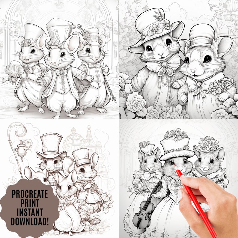 Baroque Mice Colouring Pages, for Kids and Adults, Grayscale Coloring ...