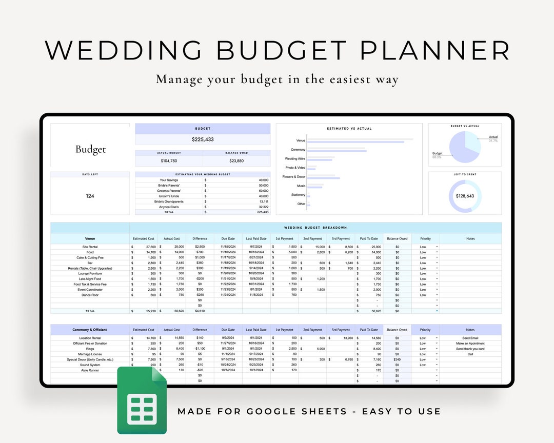 Wedding Budget Planner for Google Sheets, Wedding Budget Tracker Bonus ...