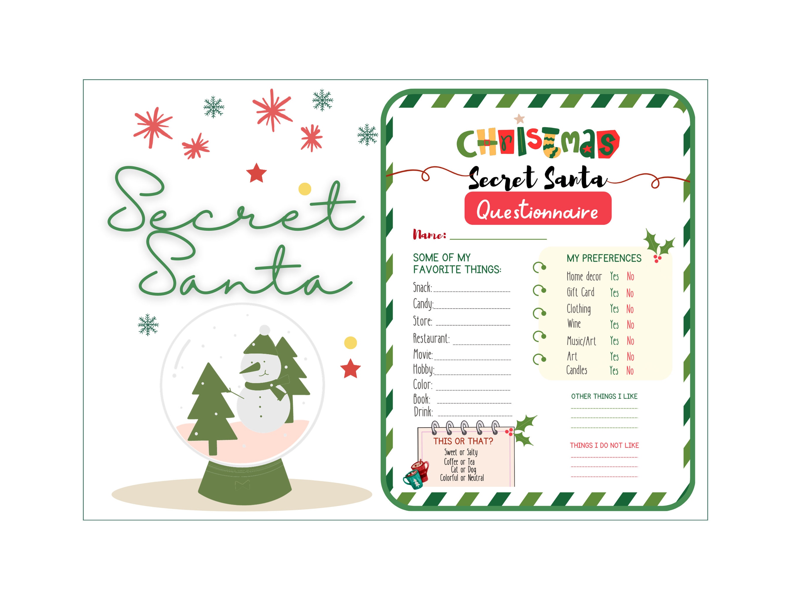 Secret Santa Questionnaire Printable, Christmas Party, Work Secret ...