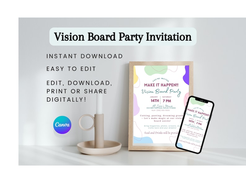 Vision Board Party Invitation, Digital Invitation Template, Vision Board Party,vision Board ...