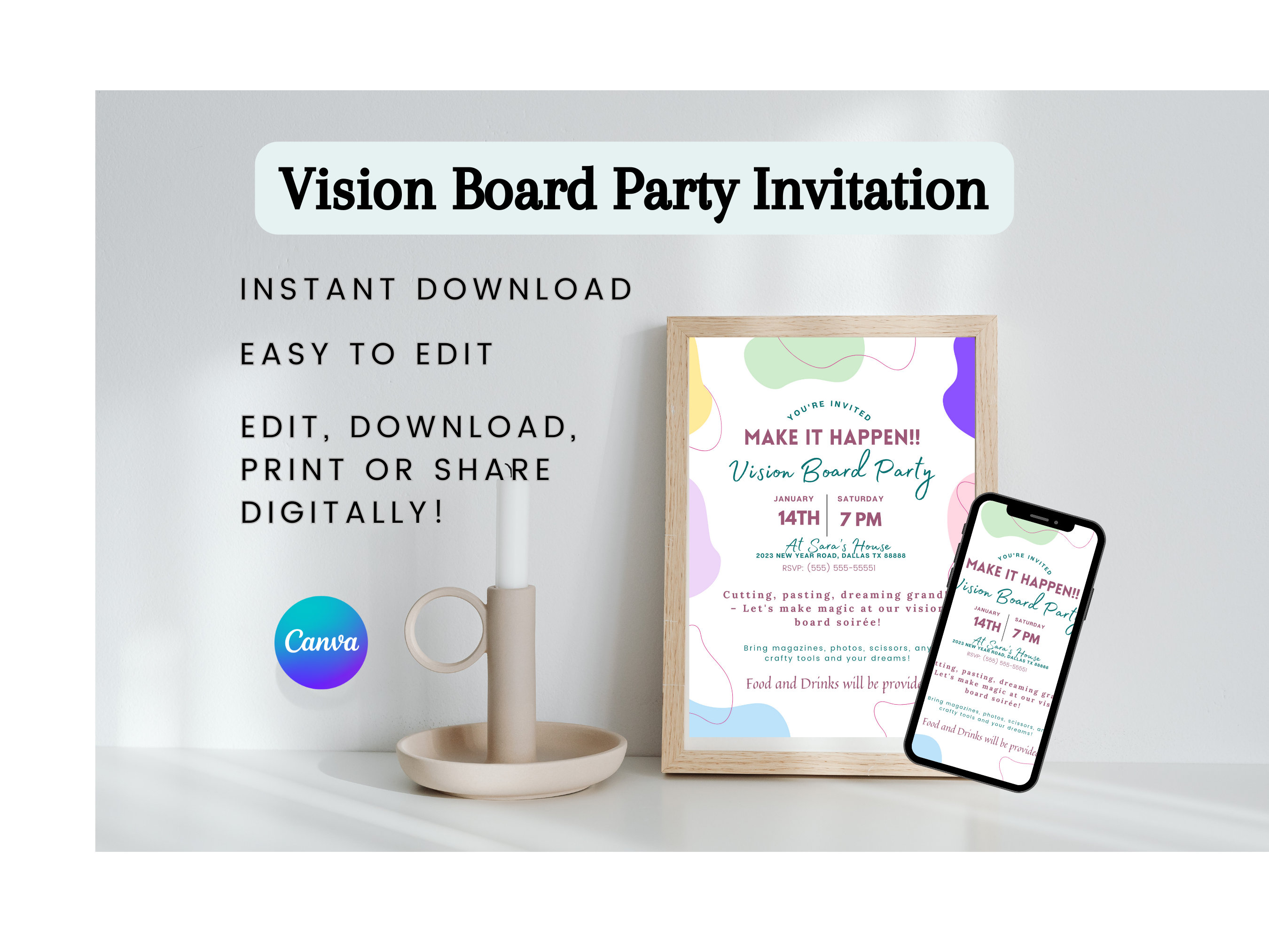 Vision Board Party Invitation, Digital Invitation Template, Vision Board Party,vision Board ...