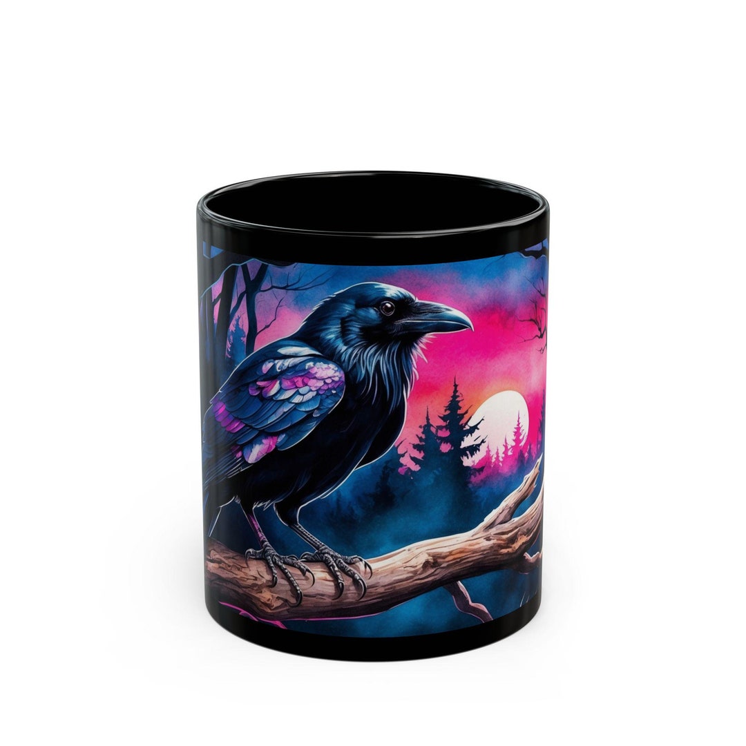 Raven Halloween Mug | Neon Sunset Forest Art | Watercolor Raven Design ...