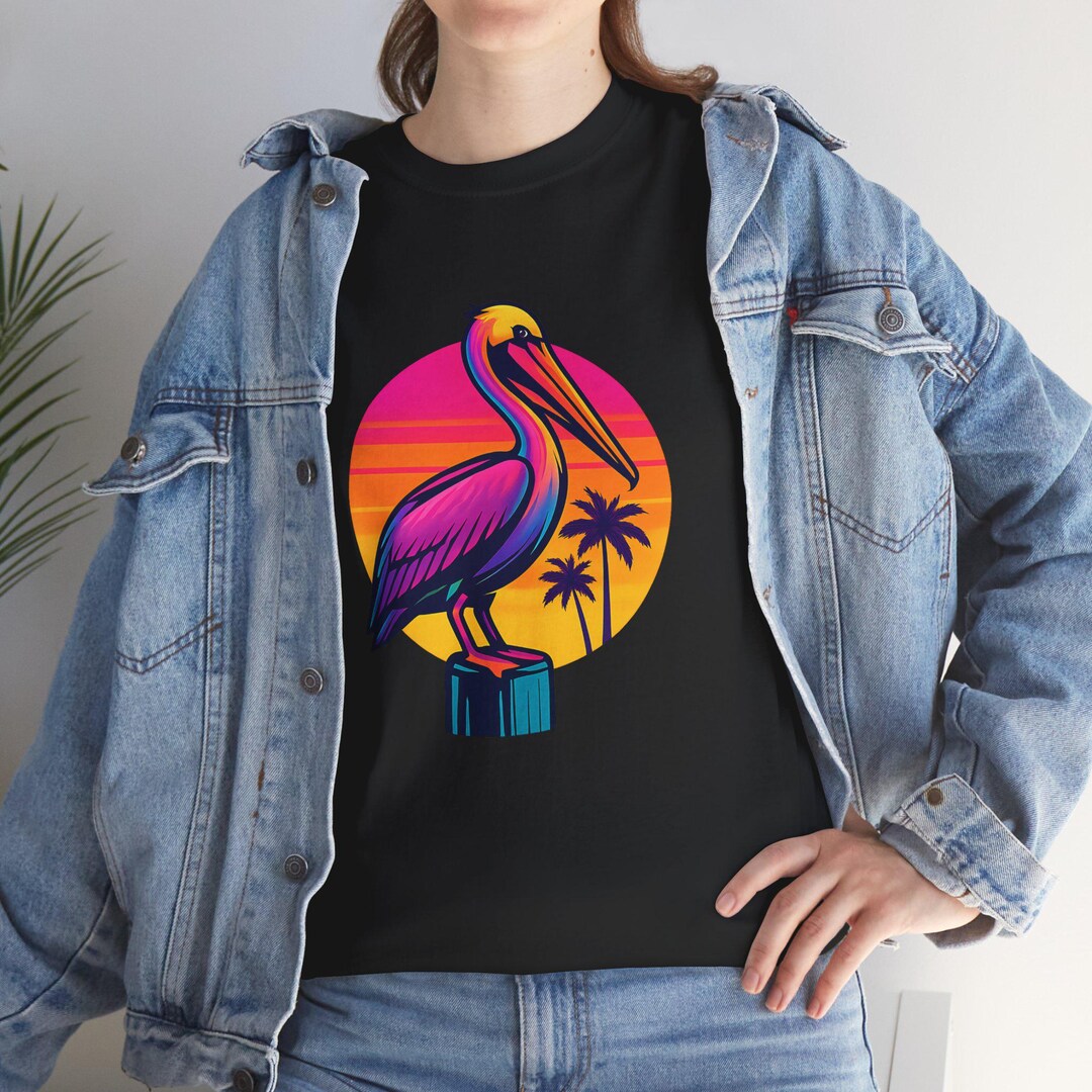 Retro Neon Pelican Shirt | 80s Florida Bird Shirt | Sunset Palm Tree T ...