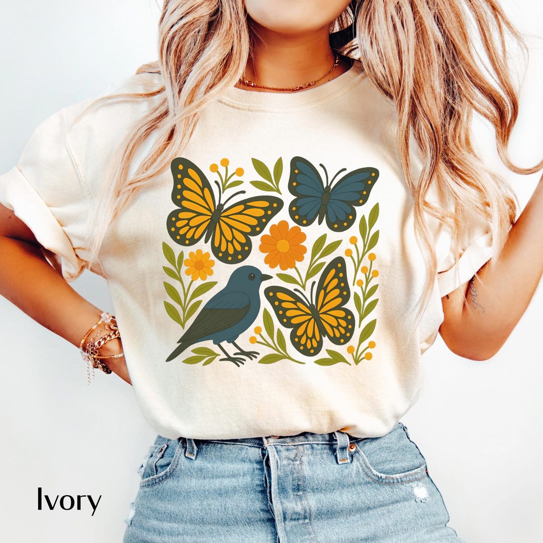 Bird and Butterfly Shirt | Bright Folk Art Insect & Bird Design ...