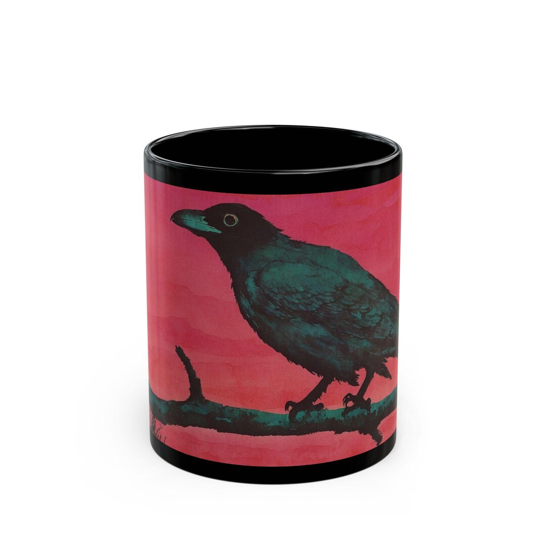 Spooky Raven Mug | Watercolor Halloween Art | Neon Sunset Forest Scene ...