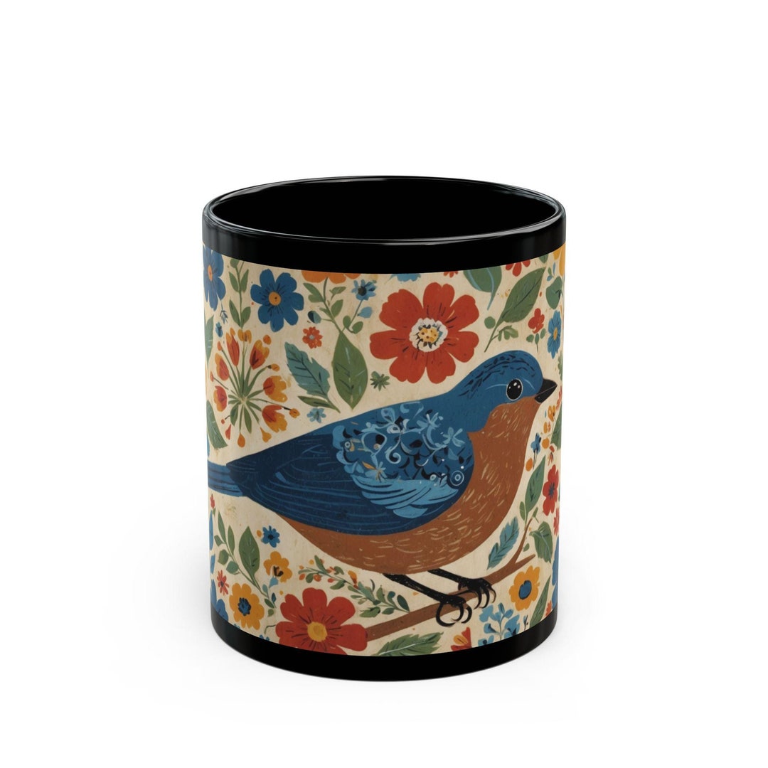 Eastern Bluebird Folk Art Mug | Rustic Floral Design | Charming Bird ...