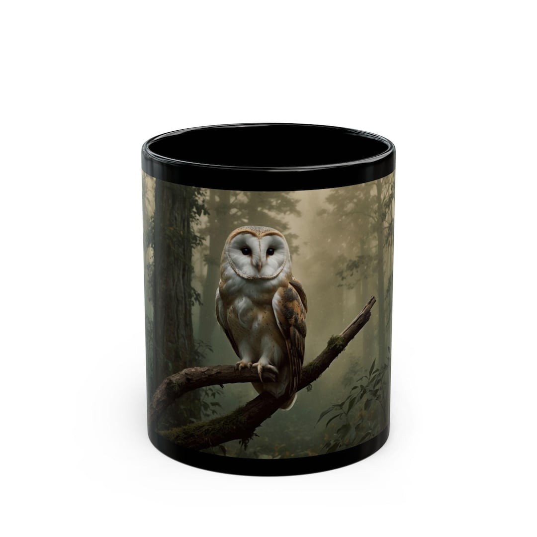 Barn Owl Mug | Vintage Engraving Barn Owl in Misty Forest | Sepia-toned ...