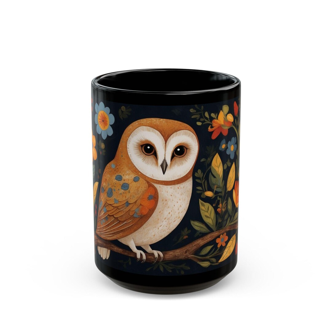 Barn Owl Mug | Folk Art Bird Illustration | Whimsical Rustic Design for ...