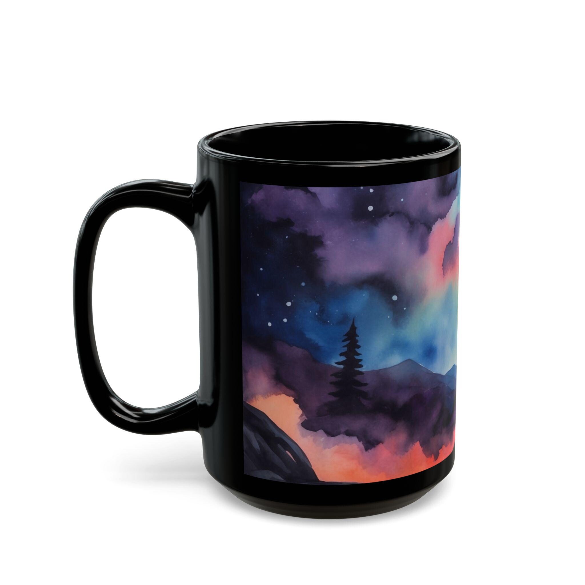 Neon Starry Night Mug With Howling Wolf | Watercolor Style Fall ...