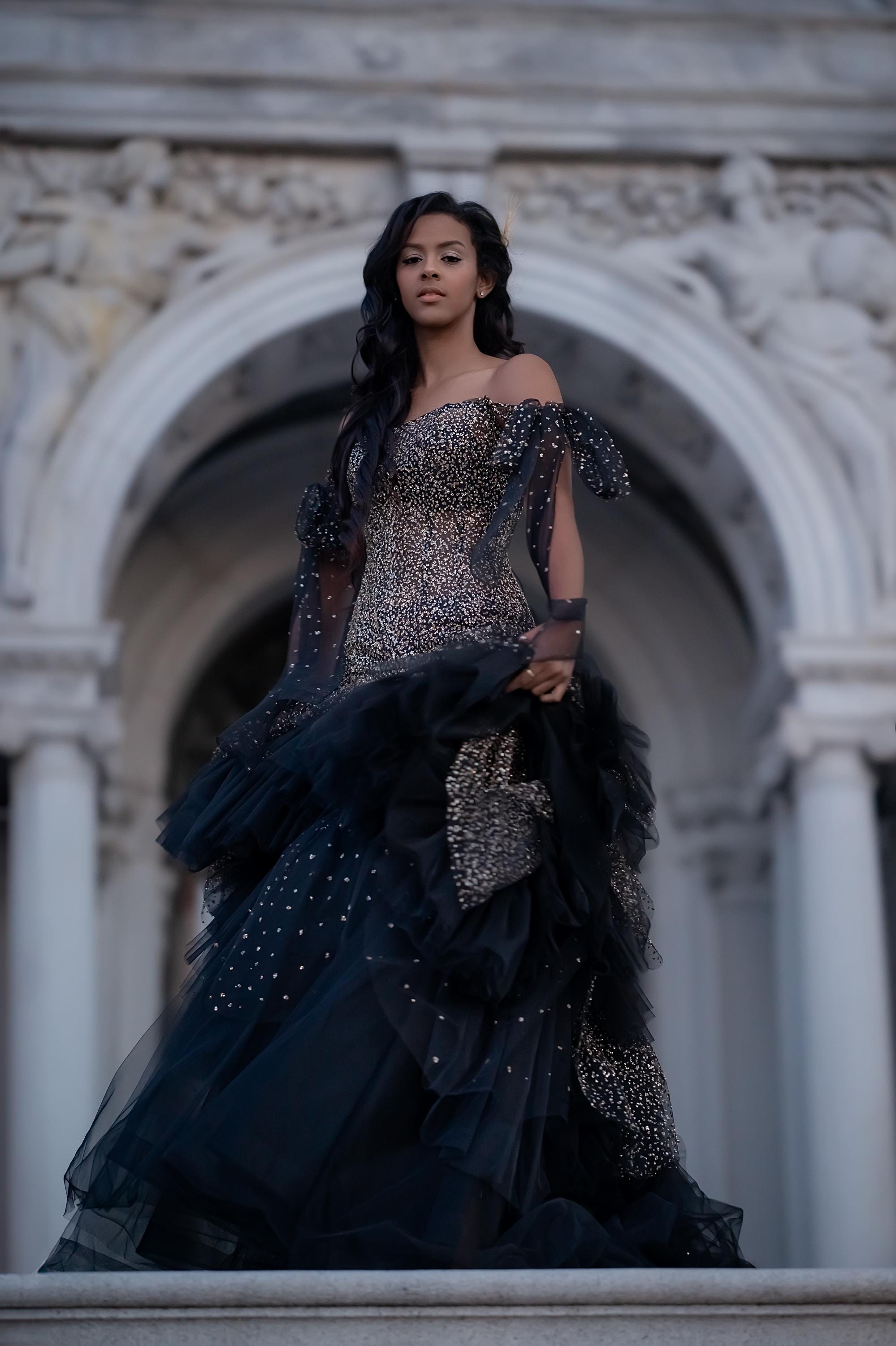 Black Celestial Prom Dress, Ethereal Corset Dress With Train, Black ...