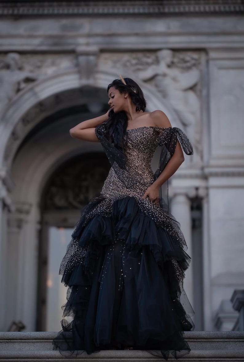 Black Celestial Prom Dress, Ethereal Corset Dress With Train, Black ...