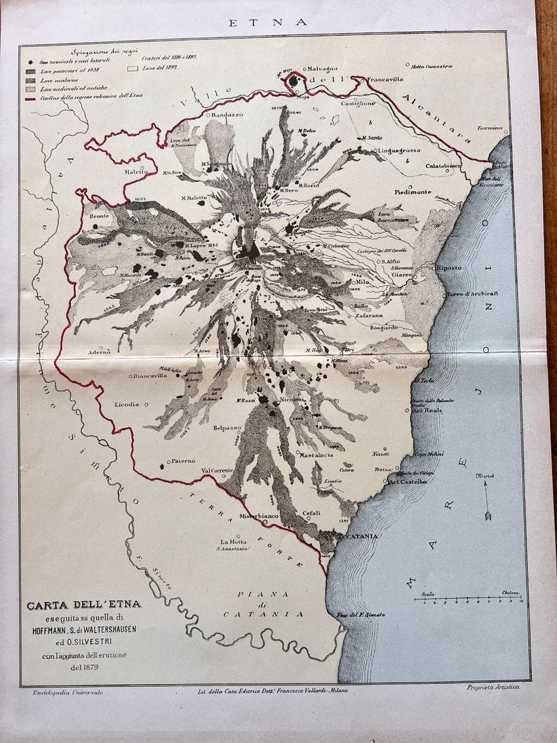 Original Map of Mt. Etna, Circa 1892, Map of Historic Lava Flows and ...