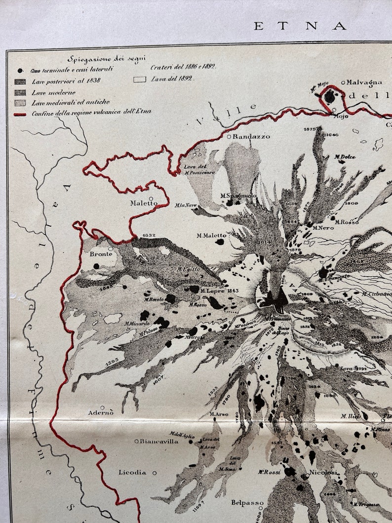 Original Map of Mt. Etna, Circa 1892, Map of Historic Lava Flows and ...
