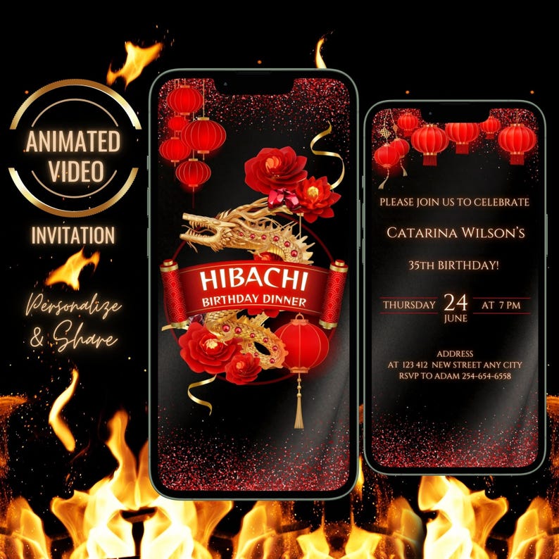 Black Animated Hibachi Dinner Invitation, Digital Dragon Birthday ...