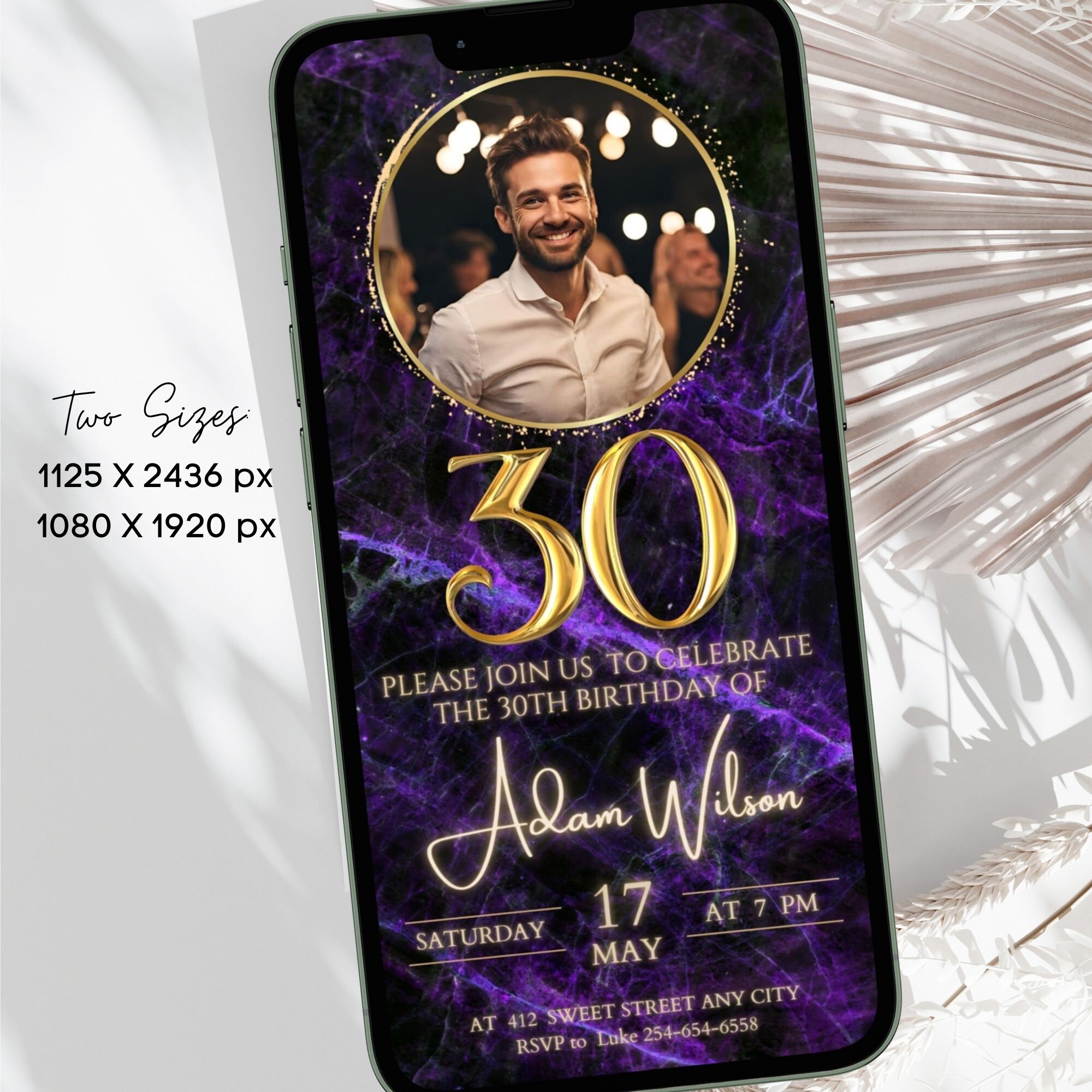 Animated Purple Gold 30th Birthday Photo Invitation, Digital 30th ...