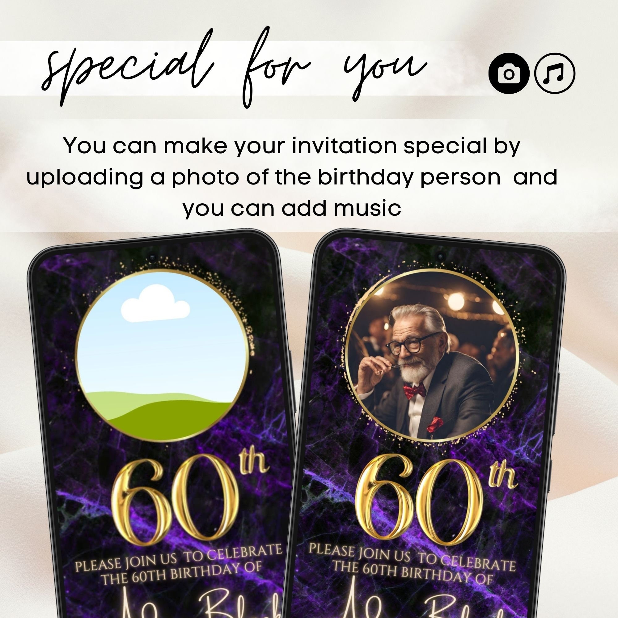 Animated Purple Gold 60th Birthday Photo Invitation, Editable Text ...