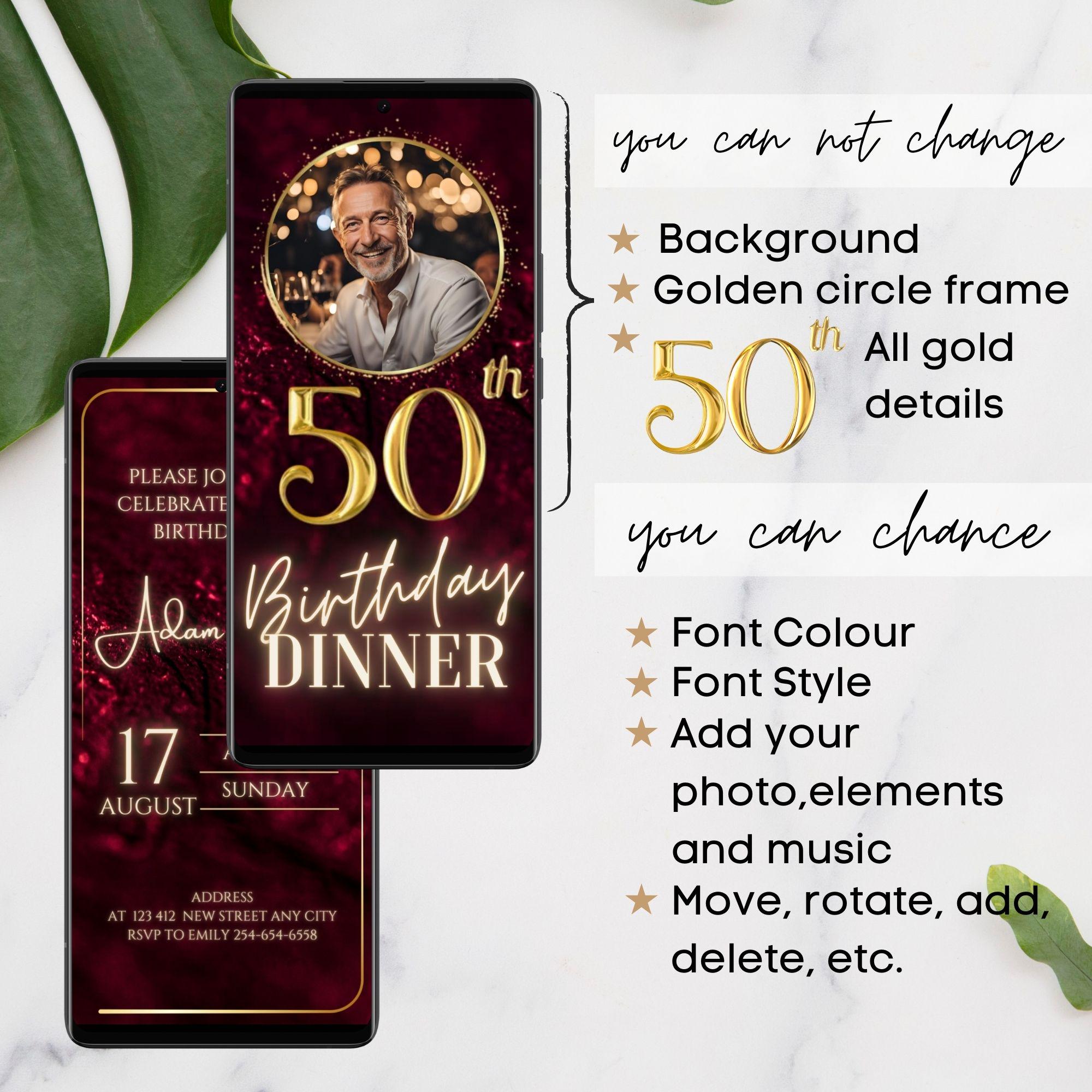 Animated Maroon 50th Birthday Dinner Photo Invitation, Gold 50th ...