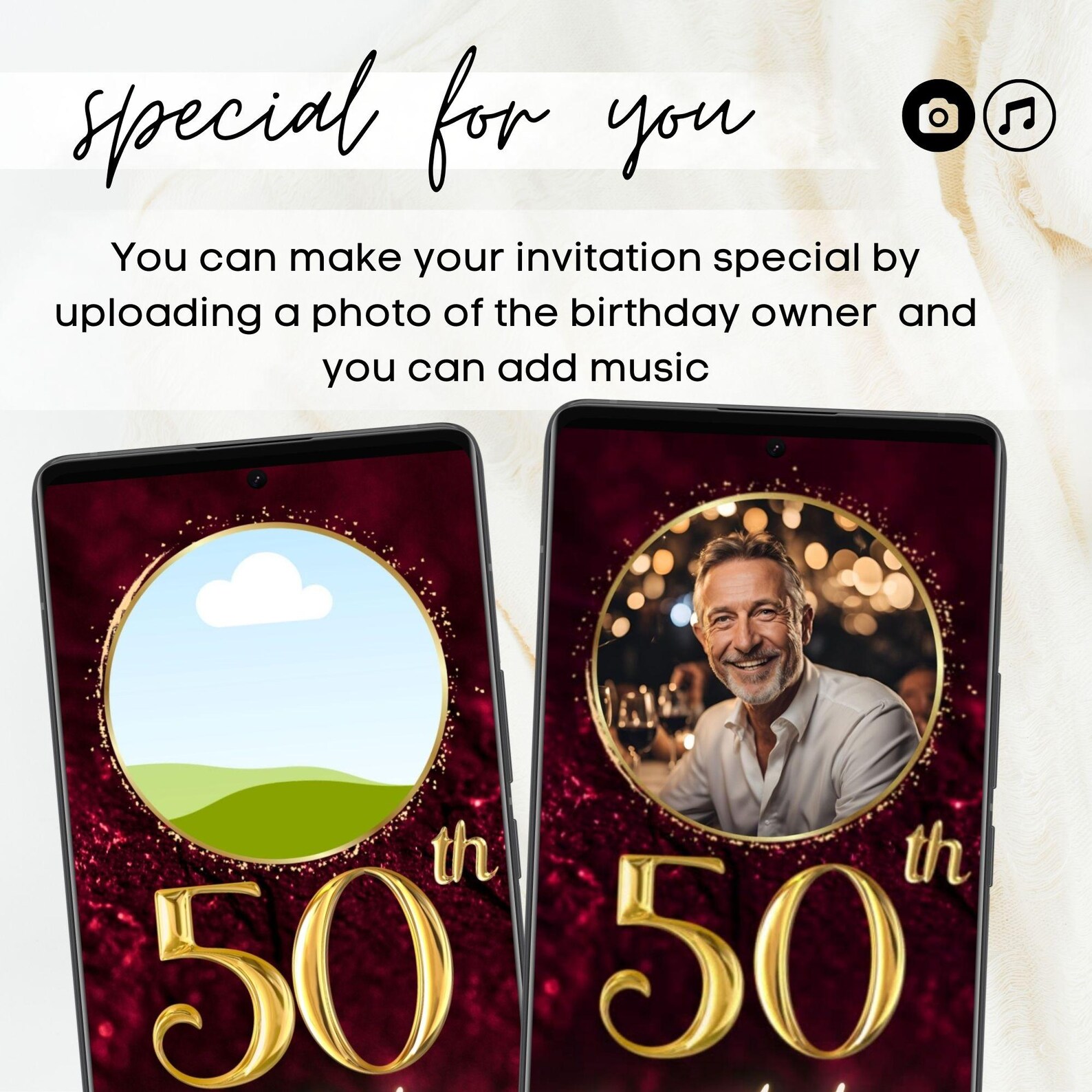 Animated Maroon 50th Birthday Dinner Photo Invitation, Gold 50th ...