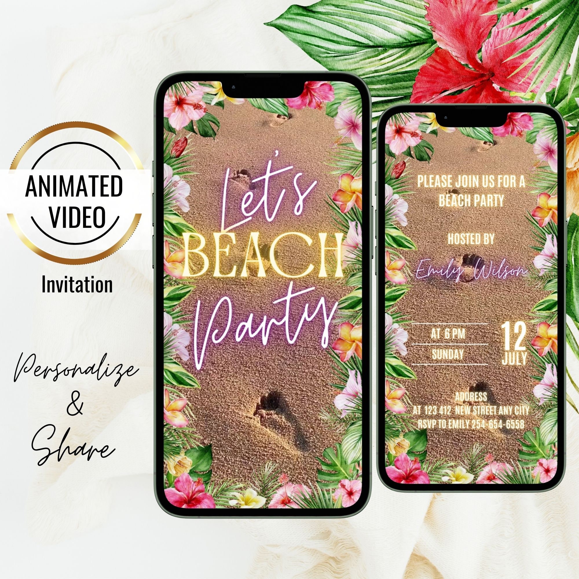 Animated Tropical Beach Party Invitation, Summer Hawaiian Event ...
