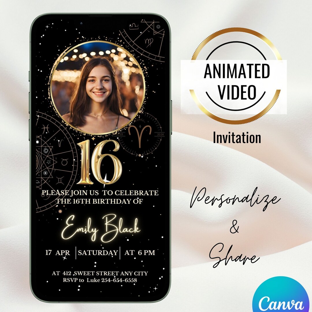 Digital Aries 16th Birthday Photo Invitation, Animated Astrology ...