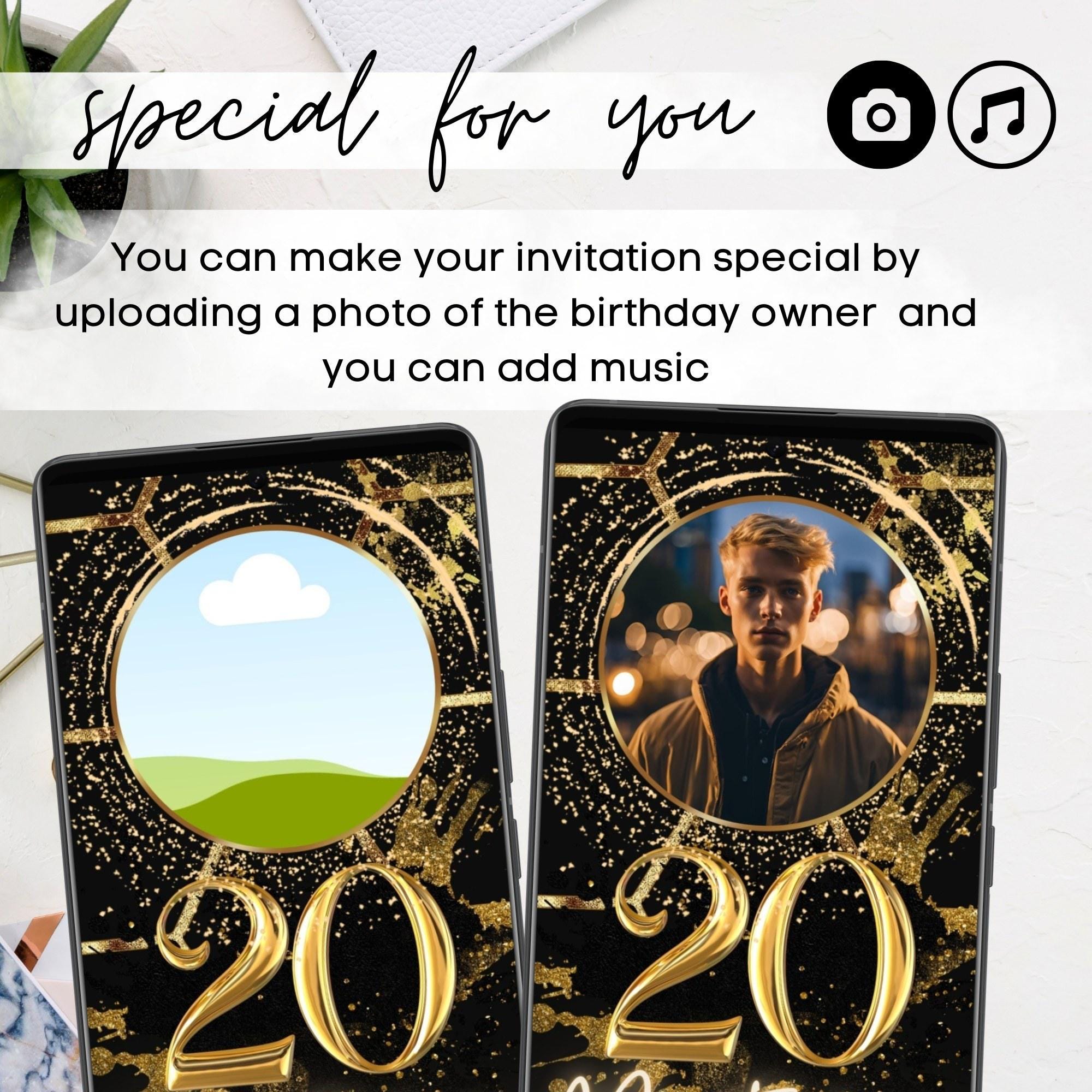 20th Birthday Invitation, Digital Black and Gold 20th Birthday Party ...