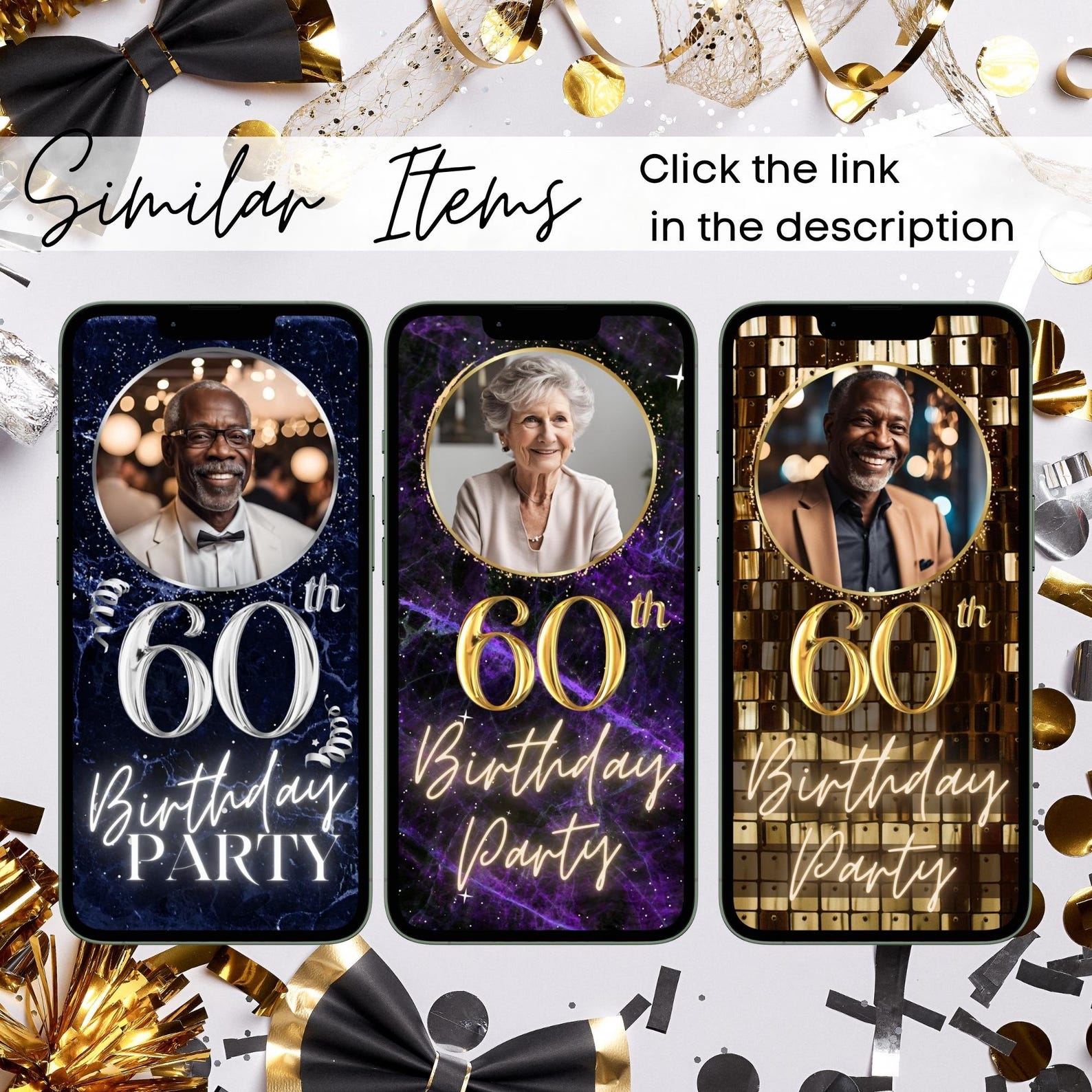 Animated Purple Gold 60th Birthday Photo Invitation, Editable Text ...