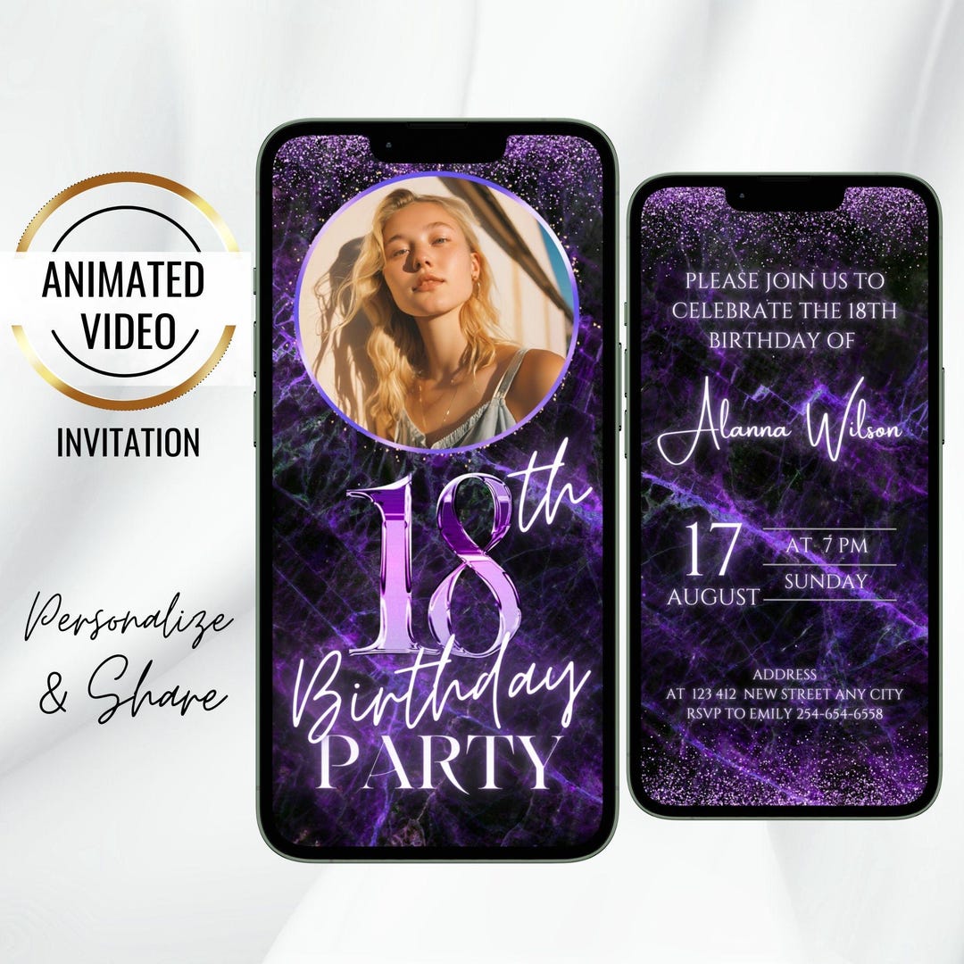 Animated Purple 18th Birthday Invitation With Photo, Digital 18th ...