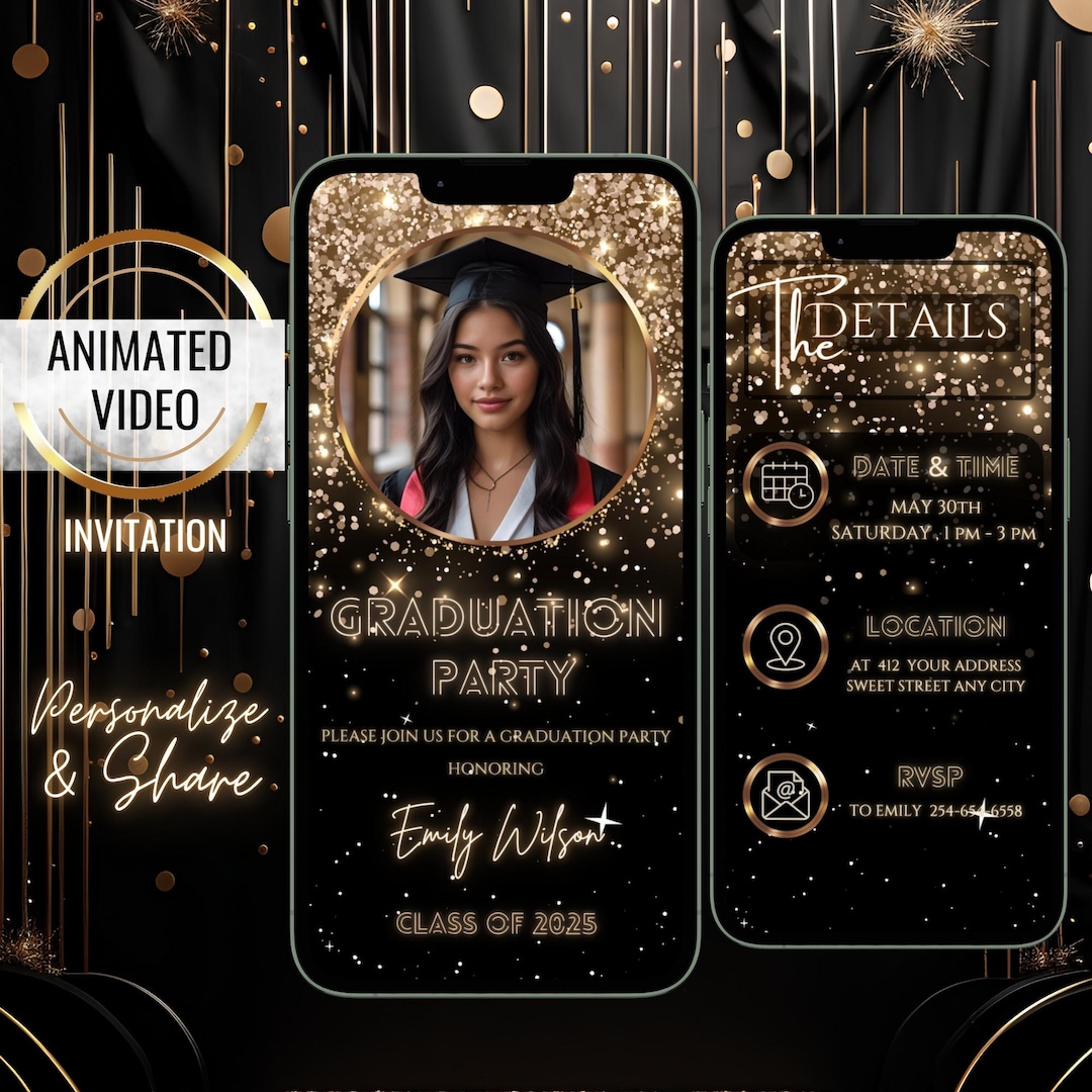 Rose Gold Graduation Party Video Invite, Elegant Black (digital ...