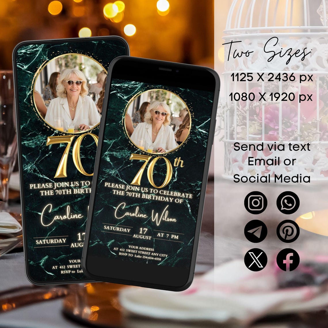 Animated Green Gold 70th Birthday Photo Invitation, Digital 70th ...