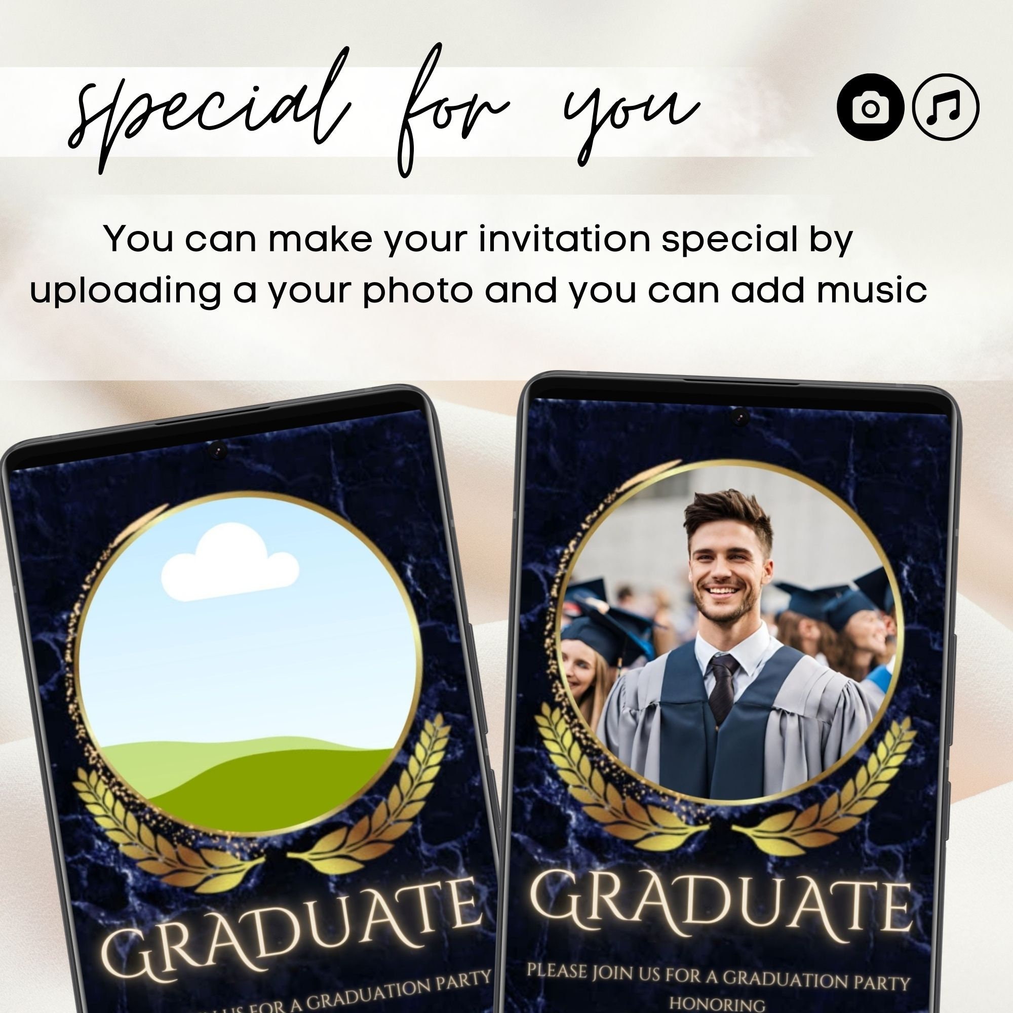 Digital Navy Blue Gold Graduation Party Photo Invitation, Animated 2024 ...