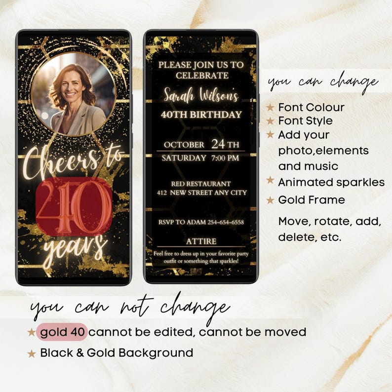 Cheers to 40 Years Invitation, Gold 40th Birthday Invitation, Digital ...