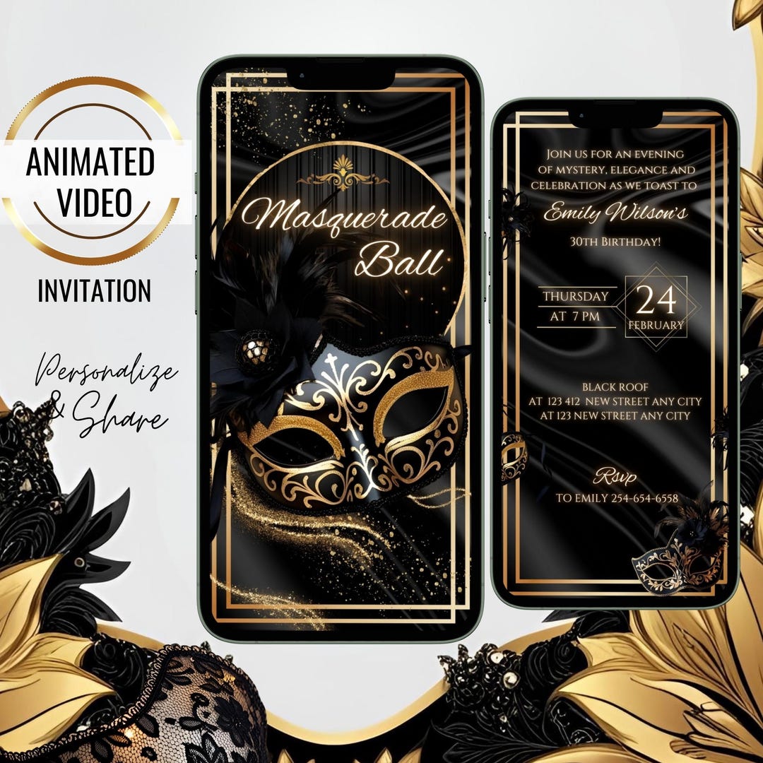 Black & Gold Masquerade Ball Invitation, Masquerade Birthday Party ...