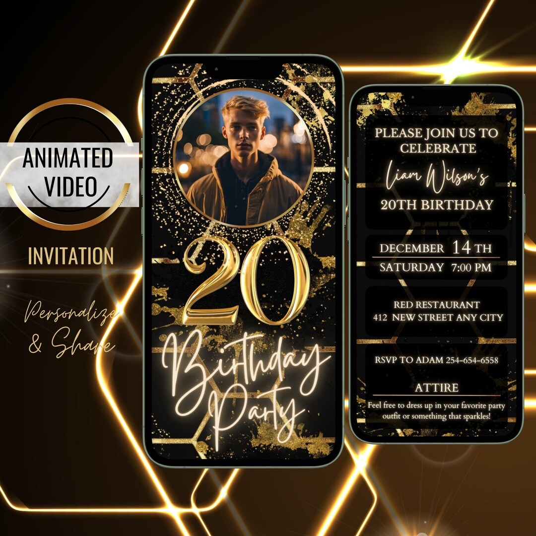 20th Birthday Invitation, Digital Black and Gold 20th Birthday Party ...