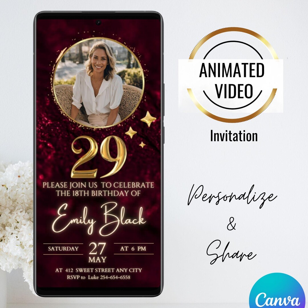 Animated Maroon Gold 29th Birthday Photo Invitation, Digital Birthday ...