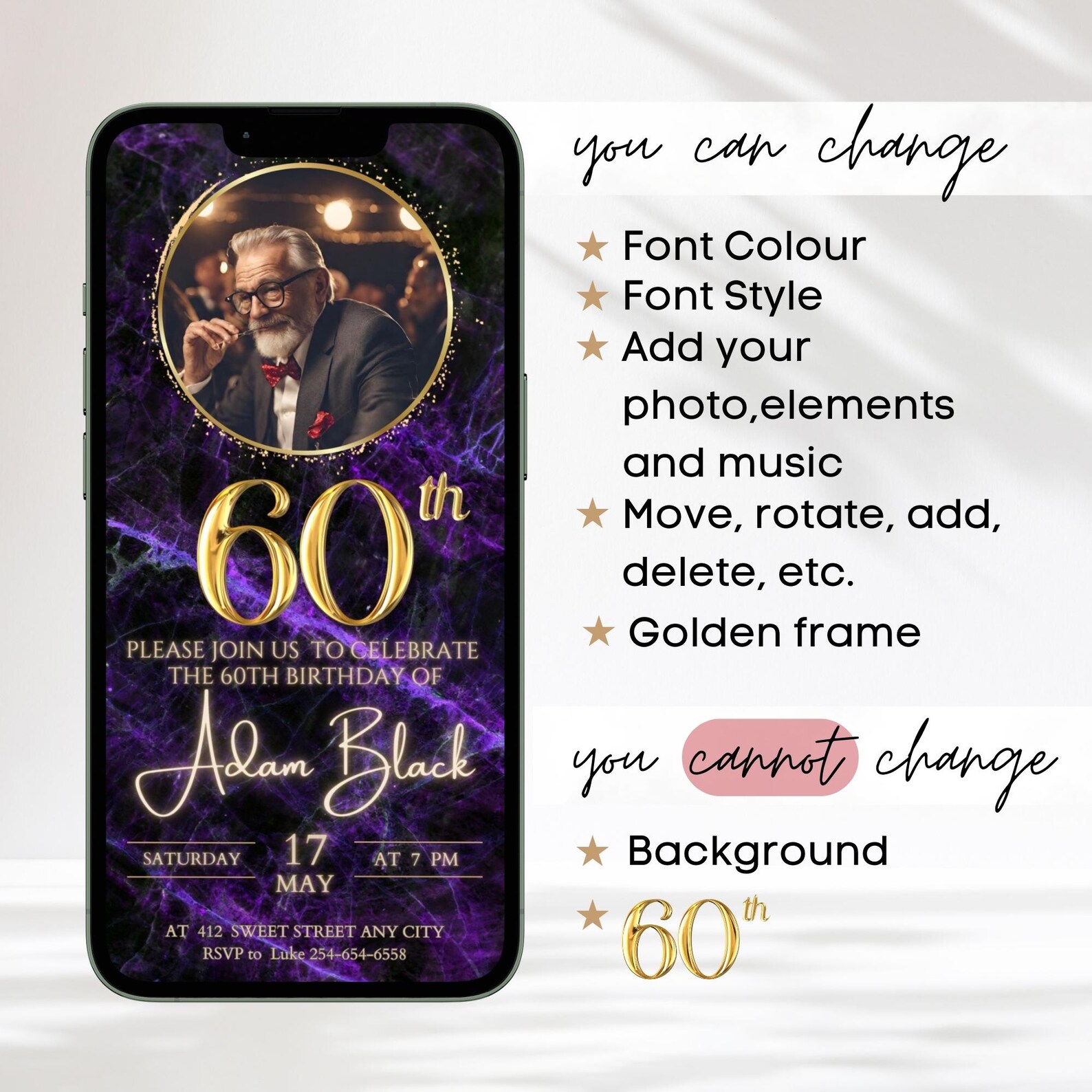 Animated Purple Gold 60th Birthday Photo Invitation, Editable Text ...