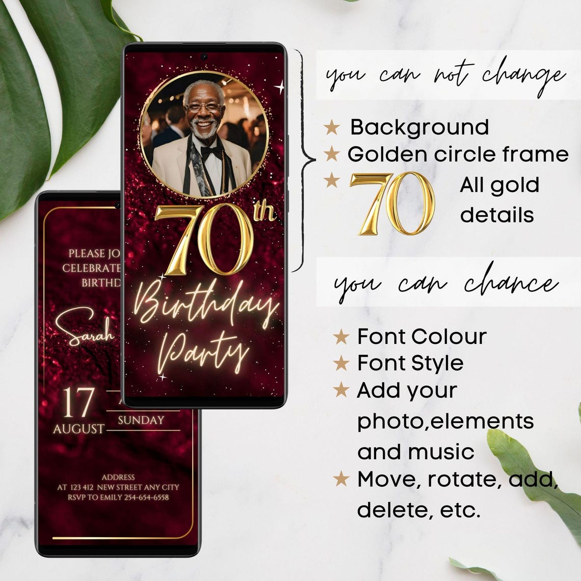 Animated Maroon Gold 70th Birthday Photo Invitation, Digital 70th ...