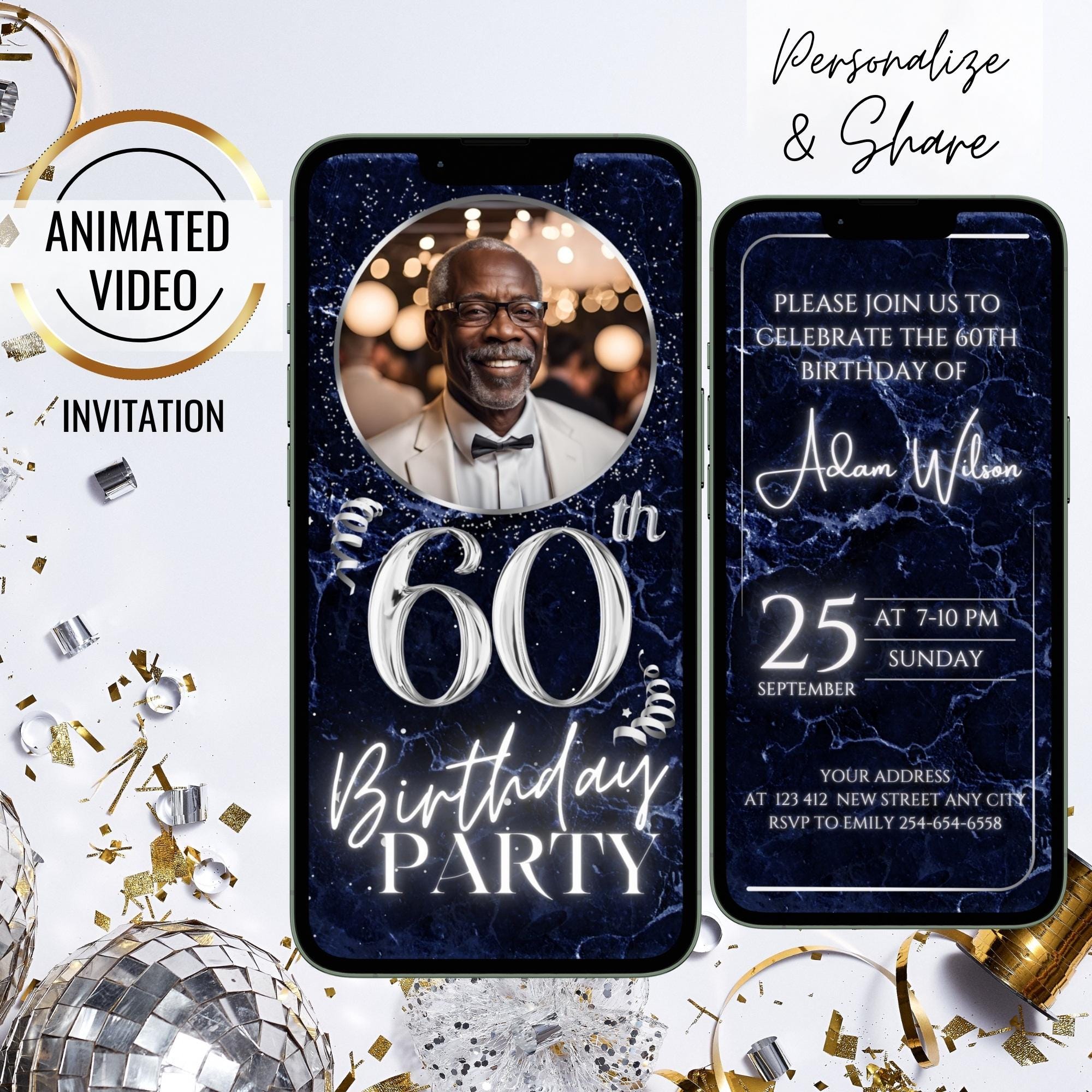 Animated 60th Birthday Invitation, Navy Birthday Dinner Invite, Silver ...