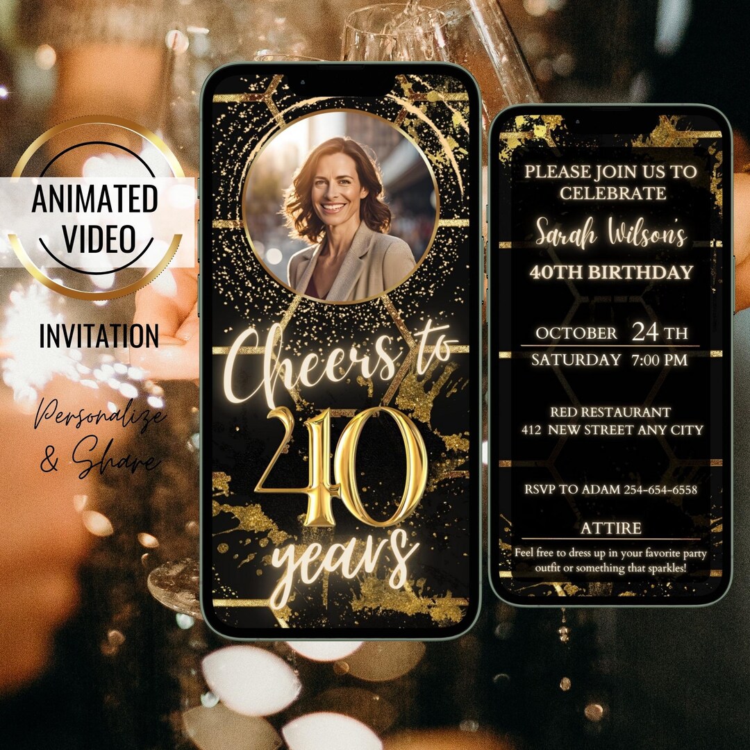 Cheers to 40 Years Invitation, Gold 40th Birthday Invitation, Digital ...