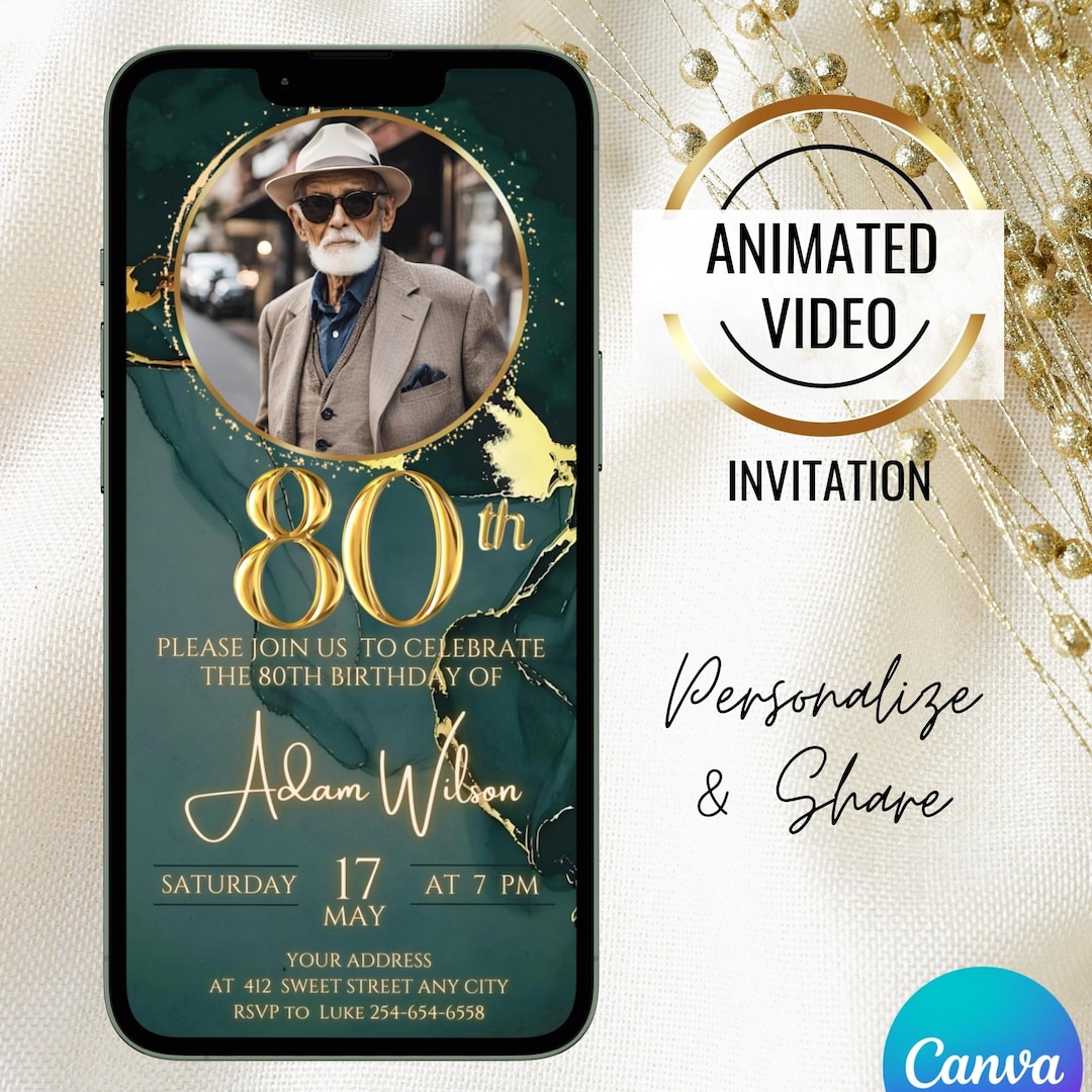 Emerald Green 80th Birthday Invitation, Animated Gold 80 Th Birthday ...