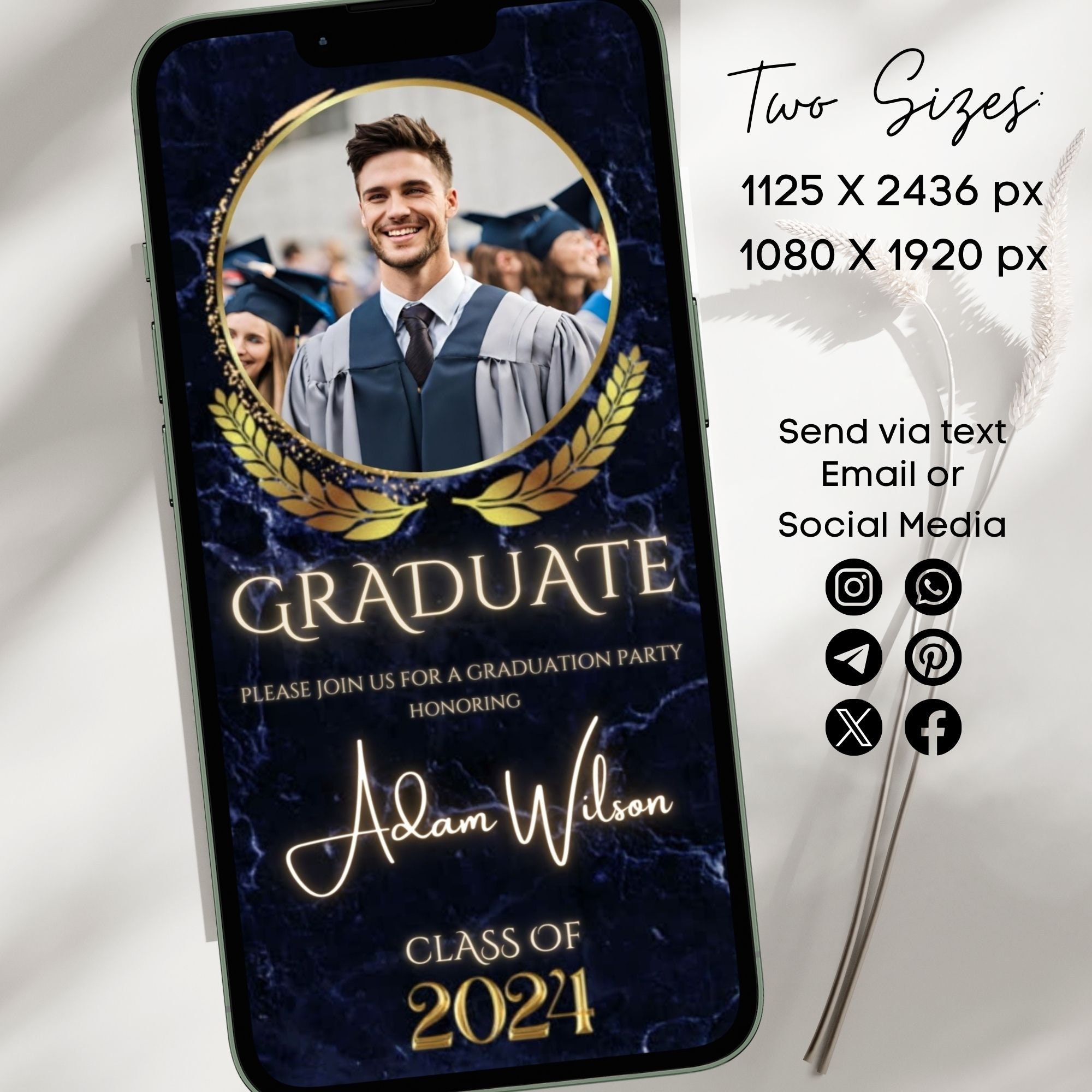 Digital Navy Blue Gold Graduation Party Photo Invitation, Animated 2024 ...