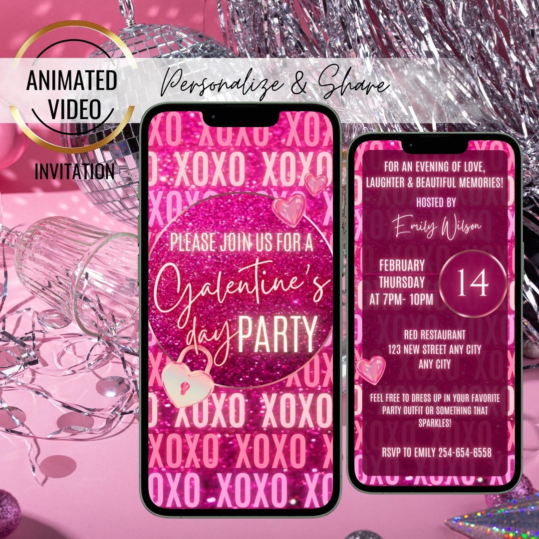 Animated XOXO Galentines Day Invitation, Pink Glitter Galentines Girls ...