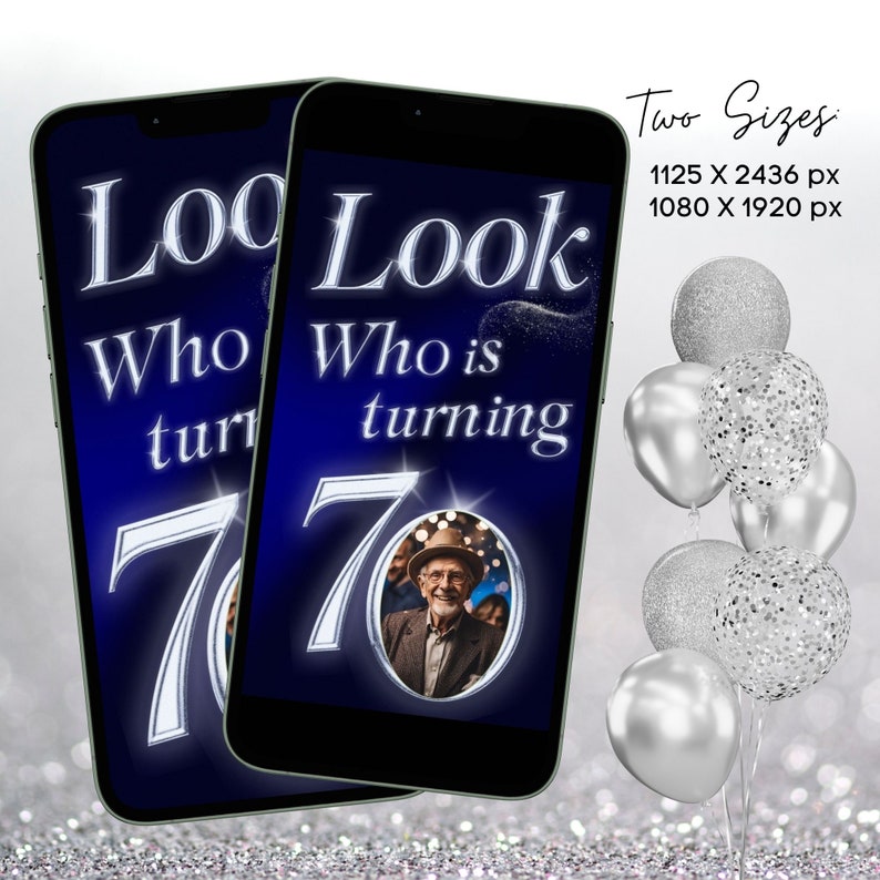 Animated Navy Blue Silver 70th Birthday Photo Invitation, Editable Text ...