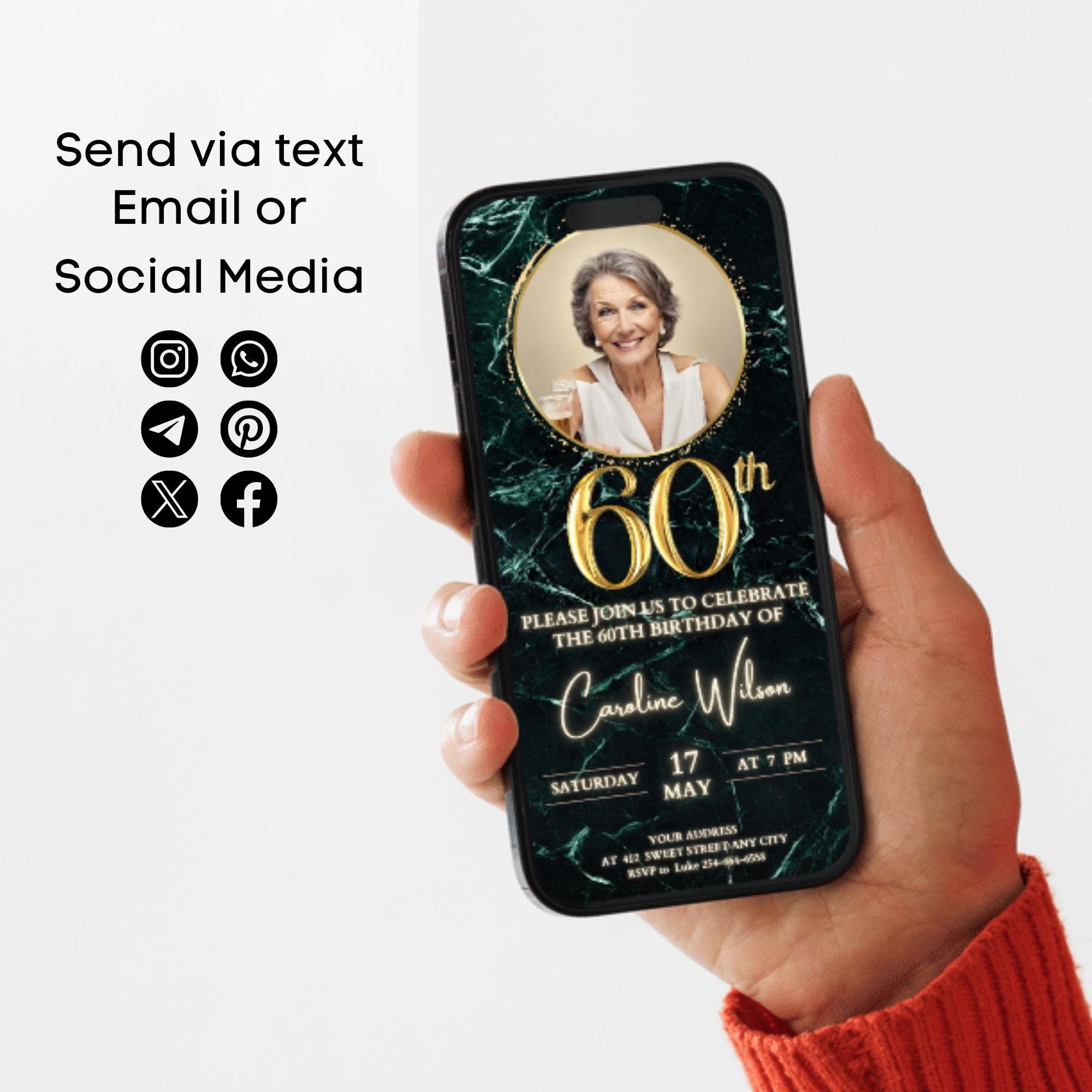 Animated Dark Green 60th Birthday Photo Invitation, Editable Birthday ...